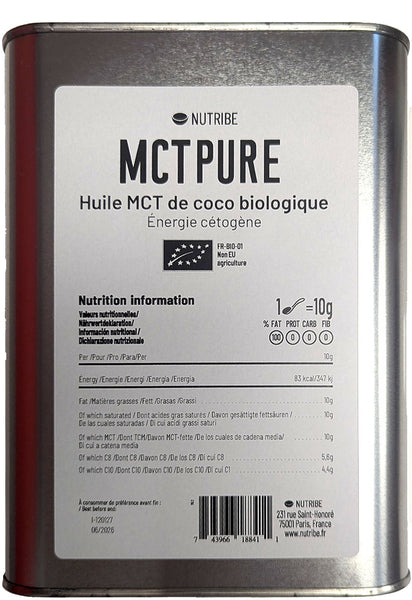 Huile MCT Pure BIO C8 C10 500ml, conditionnée en France - nutribe.fr